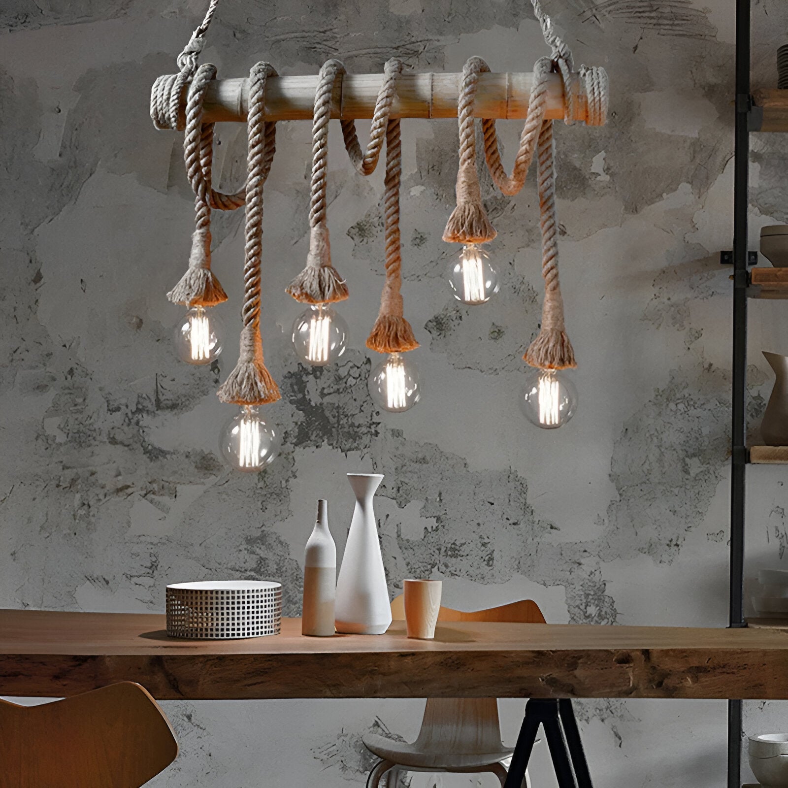 Bamboo Hemp Rope Pendant Light – Rustic Industrial Chandelier